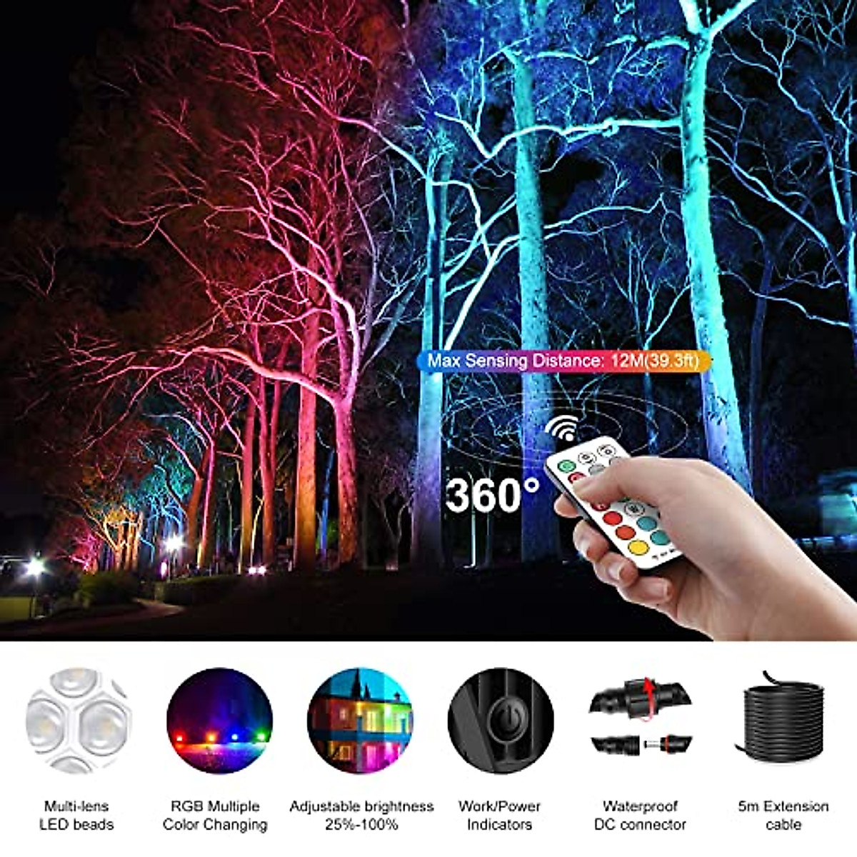 MEIKEE RGBW Solar Flood Light Outdoor with Remote, RGB Color Changing 2700K IP66 Waterproof LED Solar Powered Lights, Dimmable Timing Strobe Halloween Floodlight Landscape Light for Patio Party Garden