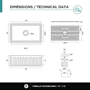 Single Bowl Kitchen Sink - 30 Inch Fireclay Deep Apron Front Kitchen Sink - Premium White Kitchen Sink for Home, Farmhouse (Grid & Strainer Included)