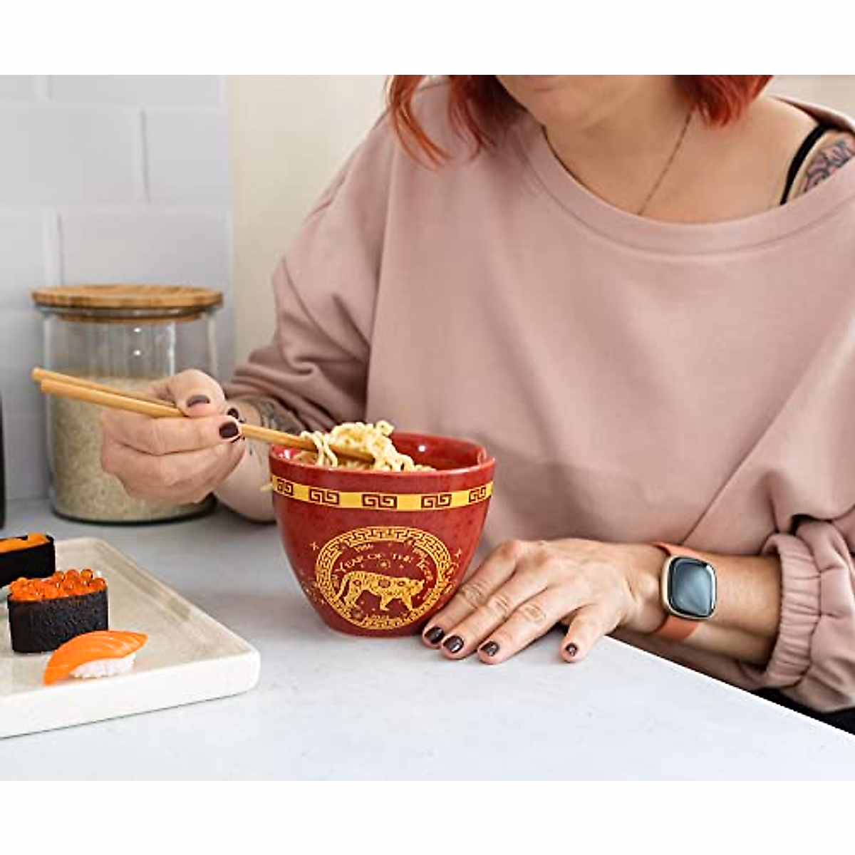 Year Of The Tiger Chinese Zodiac Ceramic Dinnerware Set | Includes 16-Ounce Ramen Noodle Bowl and Wooden Chopsticks | Asian Food Dish Set For Home & Kitchen | Kawaii Lunar New Year Gifts