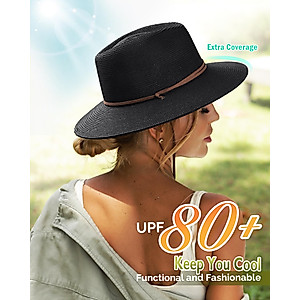 FURTALK Womens Summer Straw Sun Hats Wide Brim Panama Fedora Beach Hat with Wind Lanyard UPF 80+ Black