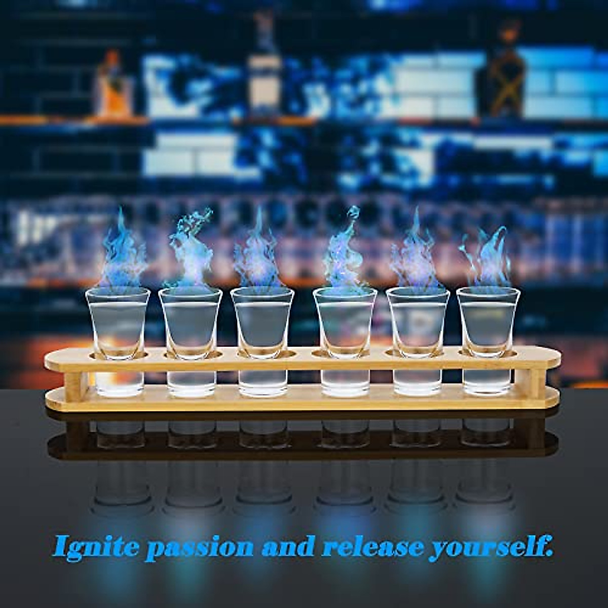 1 oz Shot Glasses with Holder, Shot Glass Set in Bamboo Wooden Shot Tray, D&Z 6 Heavy Base Shot Glasses for Whiskey/Vodka/Tequila/Cocktail/Soju, Shot Serving Tray, Good Helper for Bar/Restaurant/Party