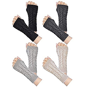 Loritta 4 Pairs Womens Fingerless Gloves Winter Warm Knit Crochet Thumbhole Arm Warmers, Beige/Light Grey/Dark Grey/Black