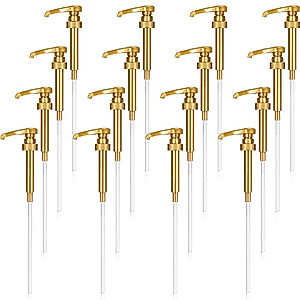 16 Pcs Syrup Pumps, Coffee Syrup Dispenser Pump, Flavor Syrup Pump Fits 750ml Bottles for Coffee Syrups Snow Cones Caramel Flavorings Bottle (Gold)