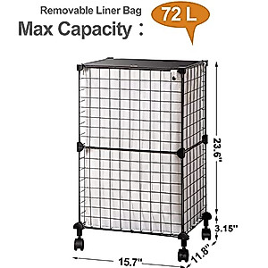 WOWLIVE Iron Wire Laundry Hamper with Lid, Foldable Laundry Basket with Wheels and Removable bags，Collapsible Dirty Clothes Hamper Organizer Dorm Room Storage for Bedroom, Bathroom (Black)