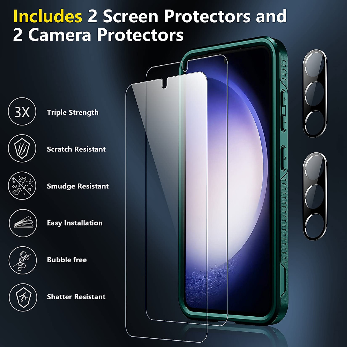 SPIDERCASE for Samsung Galaxy S23 Plus Case, [10 FT Military Grade Drop Protection], with 2 Pack [Tempered Glass Screen Protector + Camera Lens Protector] Heavy Duty Shockproof Case, Dark Green