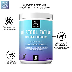 Deterrent for Dogs Eating Poop - Coprophagia No Poo Chews Prevent Dog from Eating Stool - Chew Enhanced with Breath Freshener, Enzymes, & Probiotics to Help Ease and Stop This Nasty Habit | 60ct