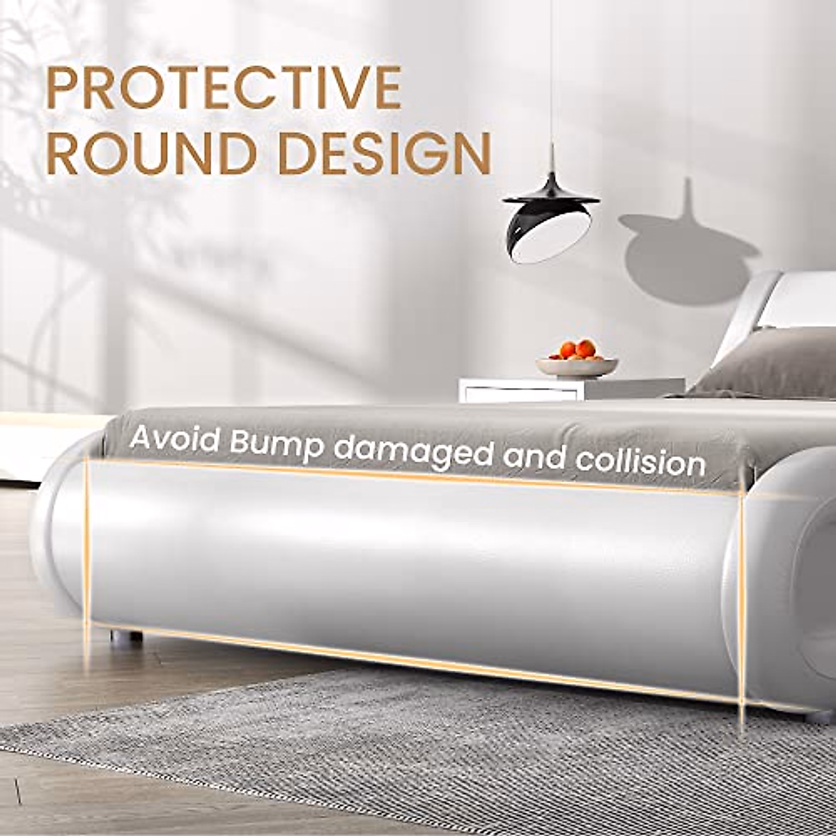 SHA CERLIN Full Size Bed Frame Luxury Wave-Like Modern Upholstered Low Profile Platform Bed, Faux Leather Sleigh Bed with Adjustable Headboard, No Box Spring Needed, White