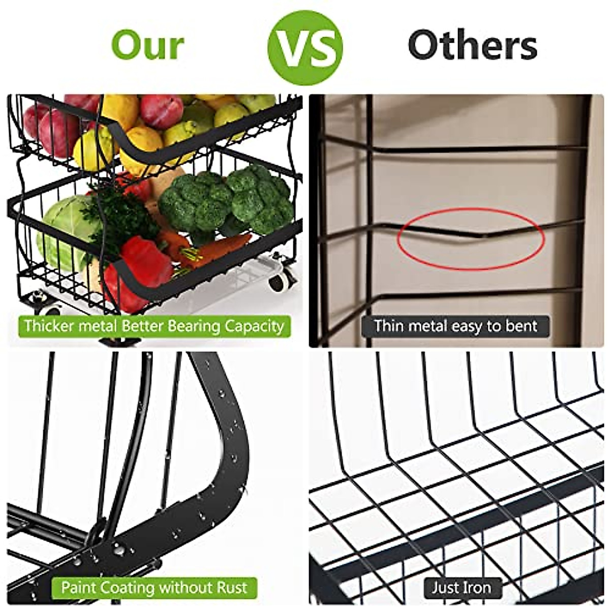 Fruit Vegetable Basket, 1Easylife 5 Tier Stackable Metal Wire Basket Cart with Rolling Wheels, Utility Rack for Kitchen, Pantry, Garage With 2 Free Baskets (Black)
