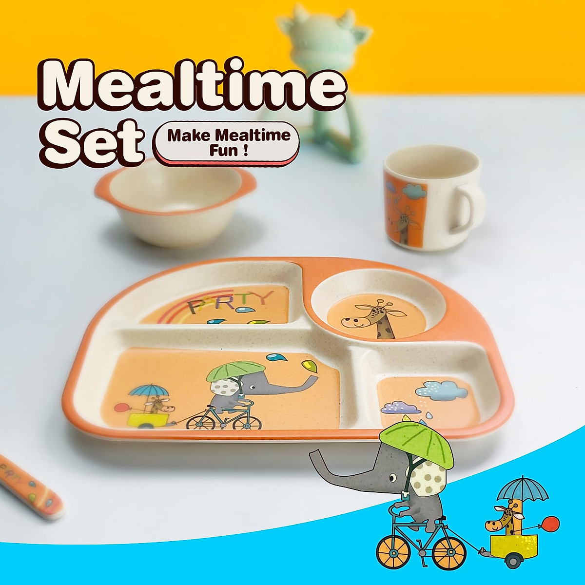 RayPard 5 Pcs Bamboo Kid Plates and Bowls Sets, Unbreakable Plastic Toddler Dinnerware Set Include Divided Plate, Bowl, Cup, Spoon, Fork, Children Durable Cartoon Tableware (Orange Elephant)