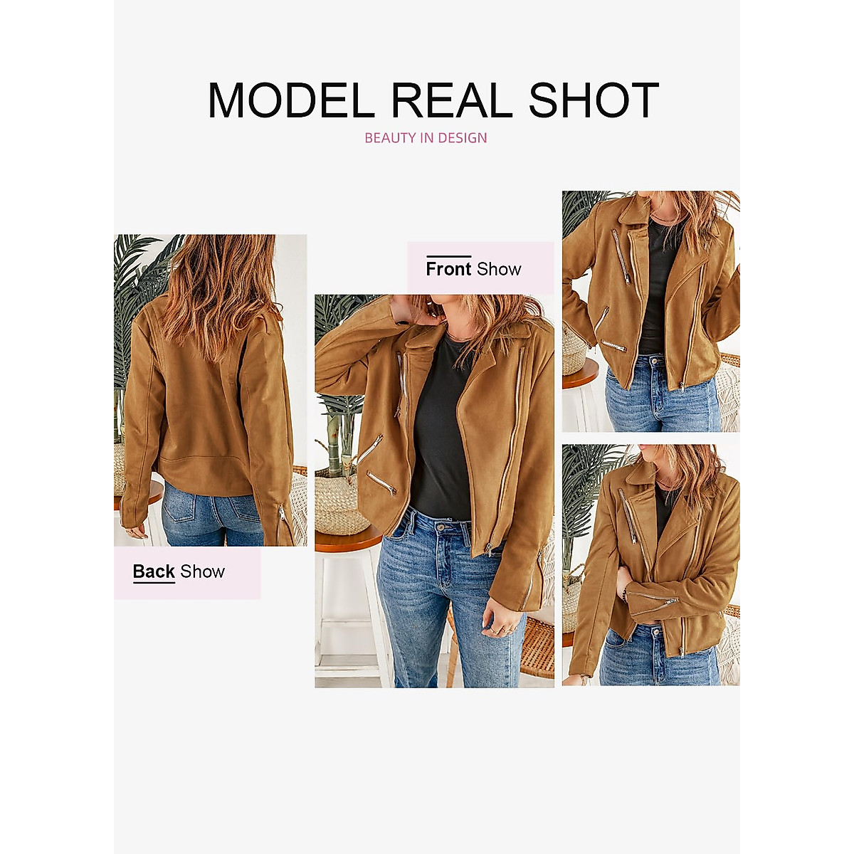 EVALESS Women's Trendy Stand Collar Faux Suede Jackets Moto Jacket Coat Brown L (MNGW85294-17-L)