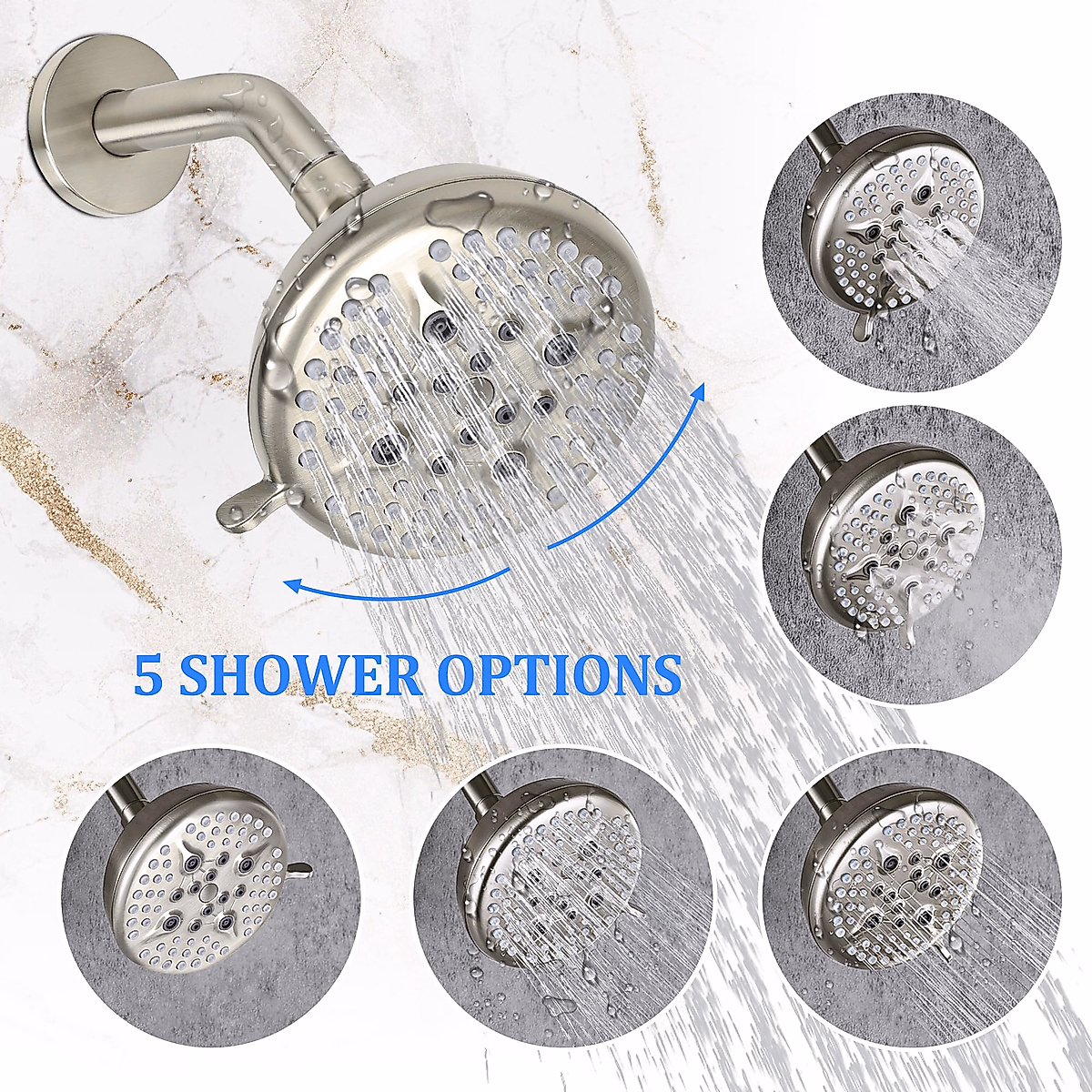 KINSE Brushed Nickel Shower Faucet Set, Shower Valve and Trim Kit With 5 Inches Rain Shower Fixtures, 5-Spray Shower Head and Faucet Set, Single Handle Control Shower Faucet Set with Valve