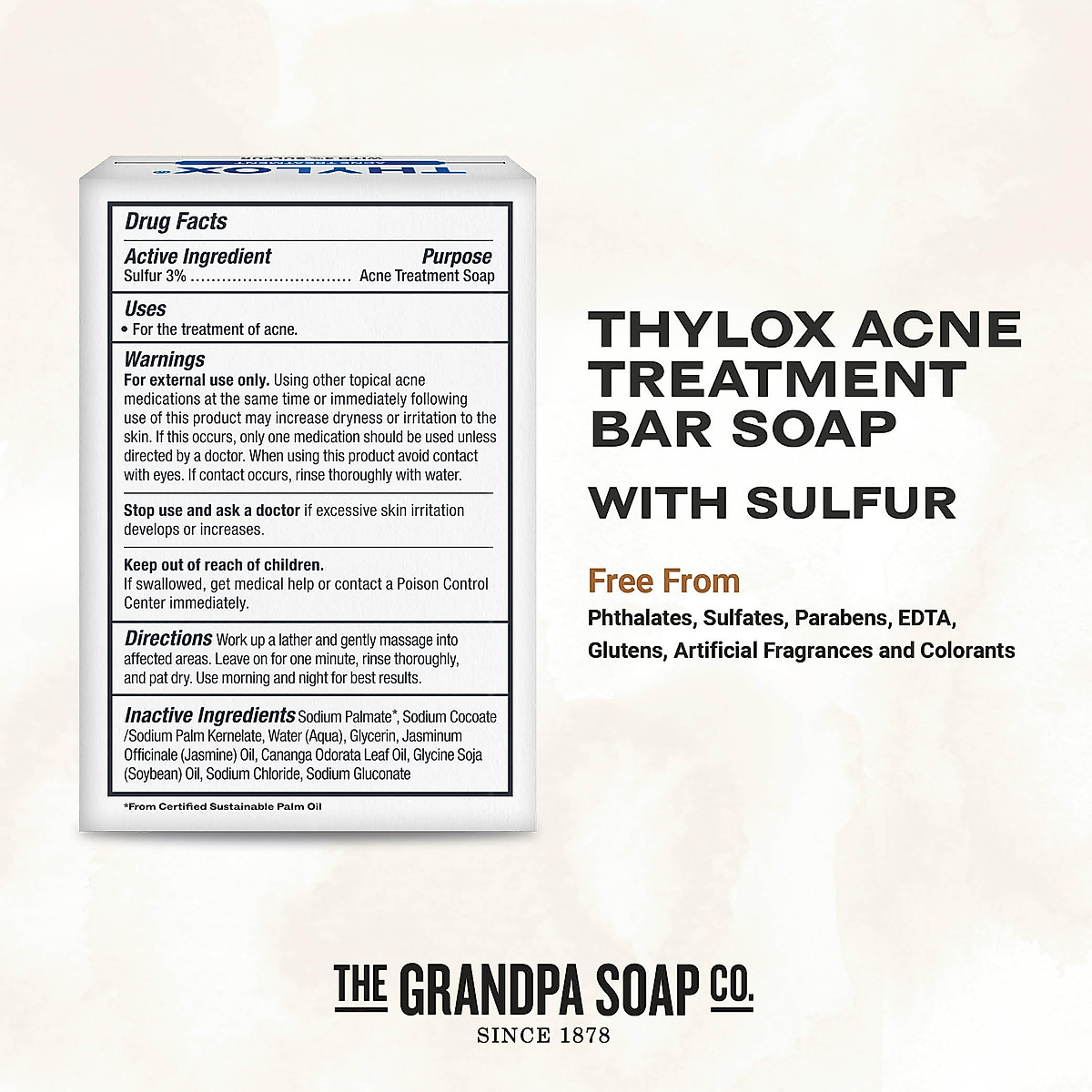 The Grandpa Soap Co. Thylox Acne Treatment Bar Soap - With 3% Natural Sulfur - Prevents and Eliminates breakouts - For Acne Prone Skin - Safe for Sensitive Skin - 3.25 Ounces (Pack of 2)