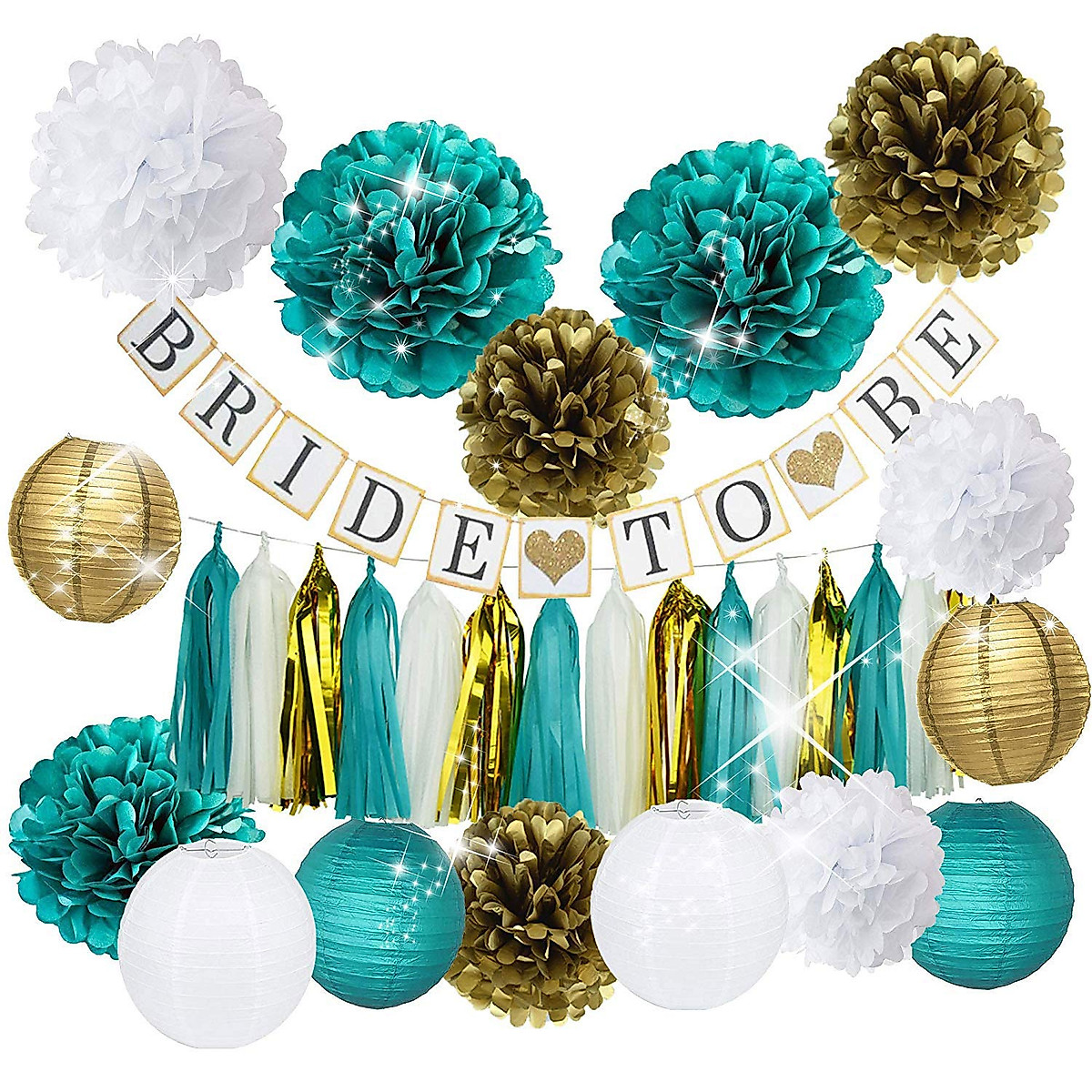 Furuix Bride Shower Decorations Bride to Be Banner White Teal Gold Tissue Pom Pom Paper Lanterns Tassel Garland for Hen Party/Bachelorette Party Decorations Kit - Bridal Shower Supplies