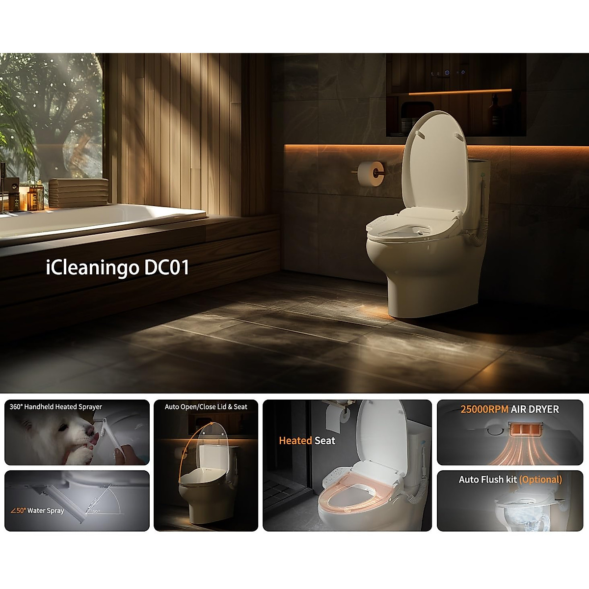 DC01 iCleaningo bidet auto open and close,Bidet Attachment For Toilet Warm Water,Heated Bidet Toilet Seat Elongated,Bidet Seat Dryer,Vortex Sprayer, Auto Nightlight,White,Elongated,3 Year Warranty