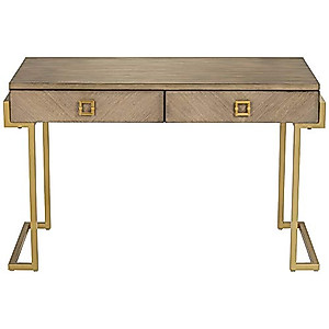 Coast to Coast Wheaton Modern Metal Ash Wood Rectangular Writing Desk 49 1/2" x 23" with 2-Drawer Gold Brown Open Leg for Living Room Bedroom Bedside Entryway House Balcony Office Bathroom