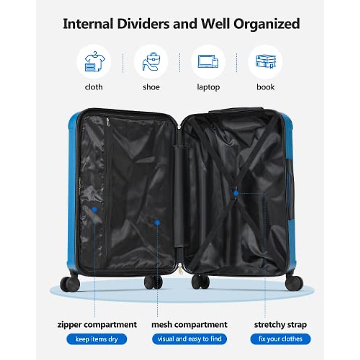 SunnyTour Hardside Luggage Sets with Tag, Luggage 3 Piece Set with Double Spinner Wheels, 28" Expandable Checked Luggage, Blue