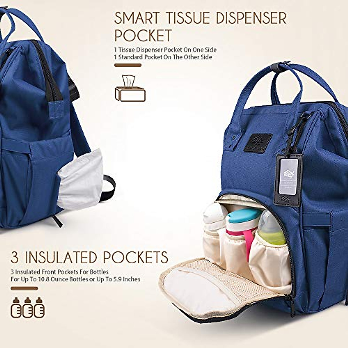 Qipi Diaper Bag - Spacious & Smart Multi-Function Nappy Bag w/ Changing Pad - Deep Blue