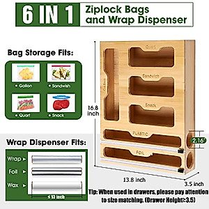Ziplock Bag Storage Organizer Bamboo - 6 in 1 Wrap Dispenser with Cutter, Suitable for Gallon, Quart, Sandwich & Snack Bag, Cling Film, Aluminum Foil etc; Compatible with 12" Kitchen Rolls