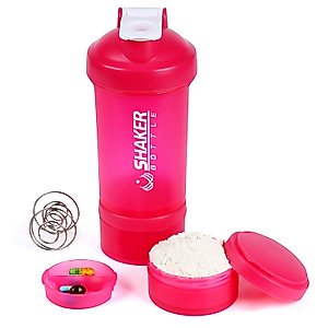 VECH Protein Shaker Bottles 16 OZ Sports Shaker Bottle with 2 Layer Separate Storange and Pill Tray Leakproof Portable Water Bottle Portable Pre Workout Bottle with Stainless Steel Mixing Ball (Pink)