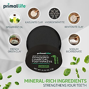 Primal Life Organics - Dirty Mouth Toothpowder, Activated Charcoal Tooth Cleaning Powder, Essential Oils with Kaolin & Bentonite Clay, 200+ Brushings, Organic, Vegan (Black Spearmint, 0.25 oz)