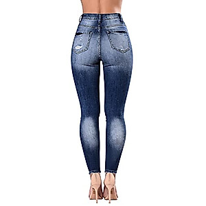 AMRSPENG Women's Ripped Jeans for Women High Waisted Jeans Distressed Jeans for Women Stretch Denim Pants Dark Blue Size 12