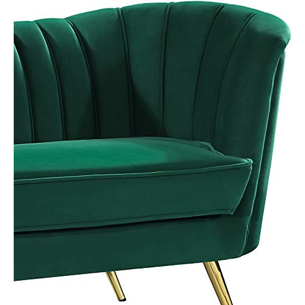 Meridian Furniture Margo Collection Modern | Contemporary Velvet Upholstered Loveseat with Deep Channel Tufting and Rich Gold Stainless Steel Legs, Green, 65" W x 30" D x 33" H
