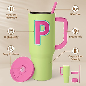 SANDJEST Stainless Steel Slider Tumbler With Handle 40oz & Jewelry Case with Initial P