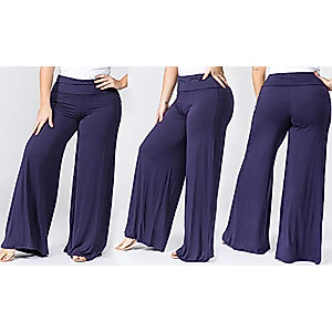 YELETE Women's Fashion Colorful Printed High Waist Fold Over Wide Leg Palazzo Pants (Large, Navy)