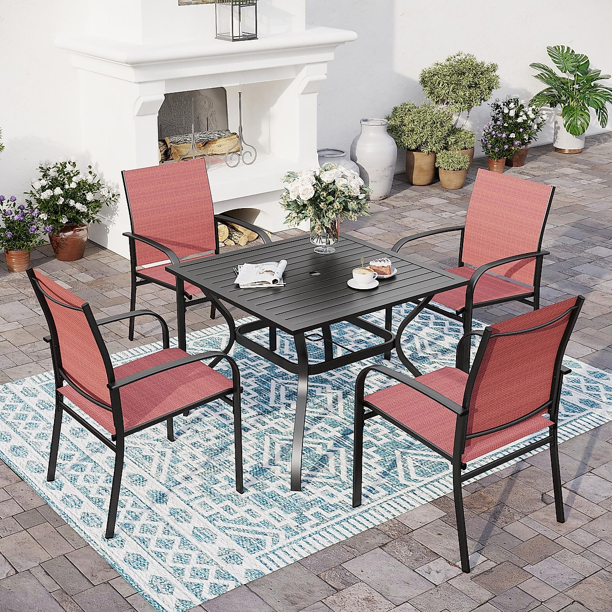 SUNSHINE VALLEY Patio Dining Sets for 5 Pcs,Metal Frame Outdoor Furniture Lawn Garden,Patio Dining Sets,4 Stable Outdoor Dining Red Chairs Square Dining Table.