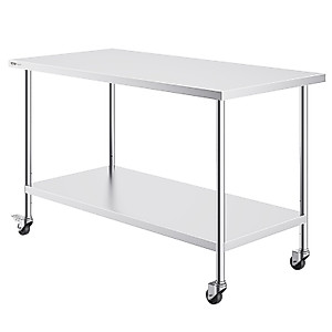 VEVOR Stainless Steel Work Table 30 x 60 x 38 Inch, with 4 Wheels, 3 Adjustable Height Levels, Heavy Duty Food Prep Worktable for Commercial Kitchen Restaurant, Silver