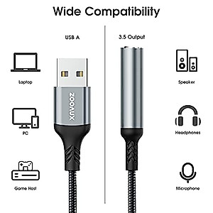 ZOOAUX USB to 3.5mm Jack Audio Adapter,External Sound Card USB-A to Audio Jack Adapter with Aux Stereo Converter Compatible with Headset,PC Windows,Laptop Mac,Desktops,Linux,PS4 PS5 and More (Grey)