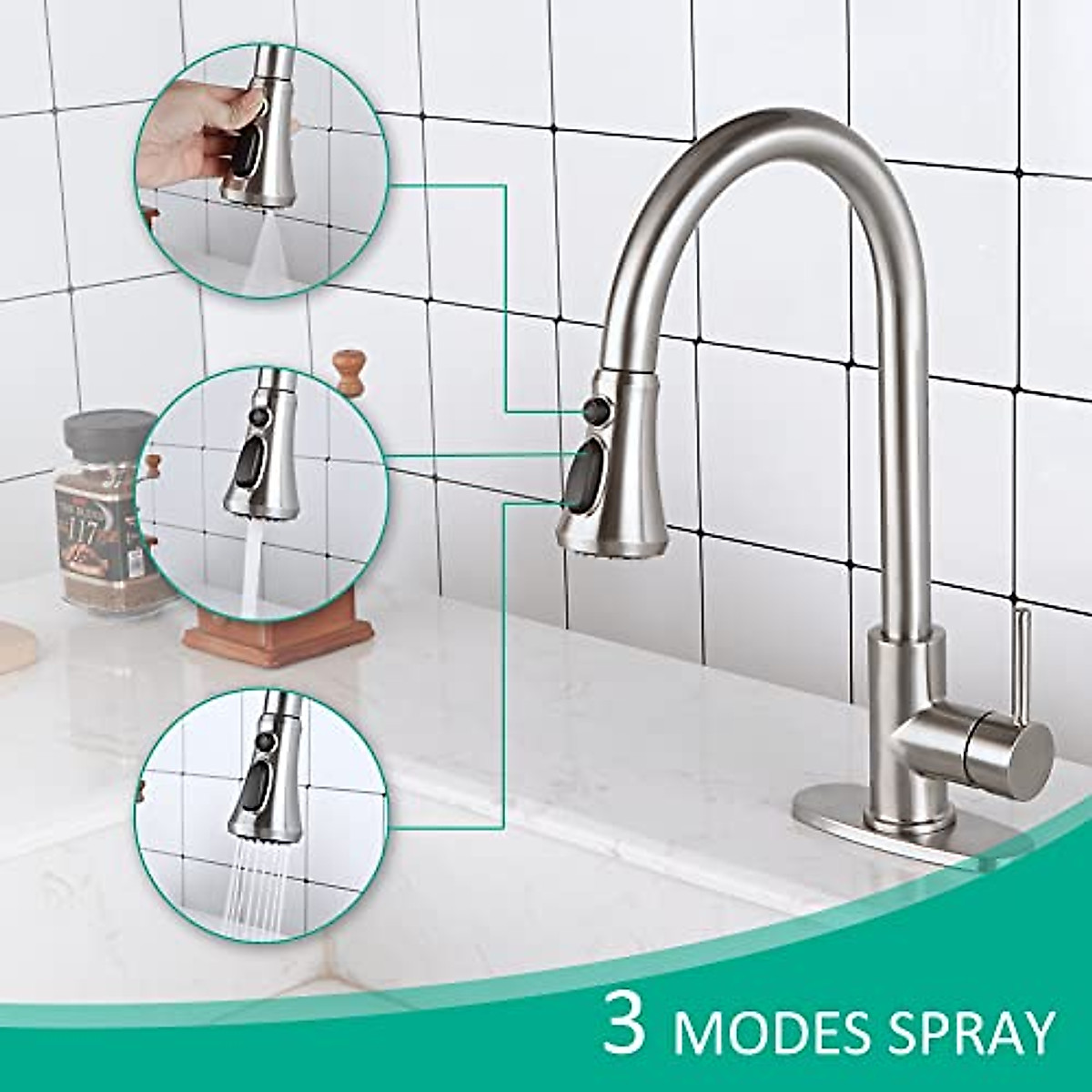 Kitchen Sink Faucet,Hans D'blanc Single Handle Single Hole Brushed Nickel Kitchen Faucet with Pull Down Sprayer 3 Modes for Kitchen RV Bar Sink,Included Deck Plate for Single or 3 Holes