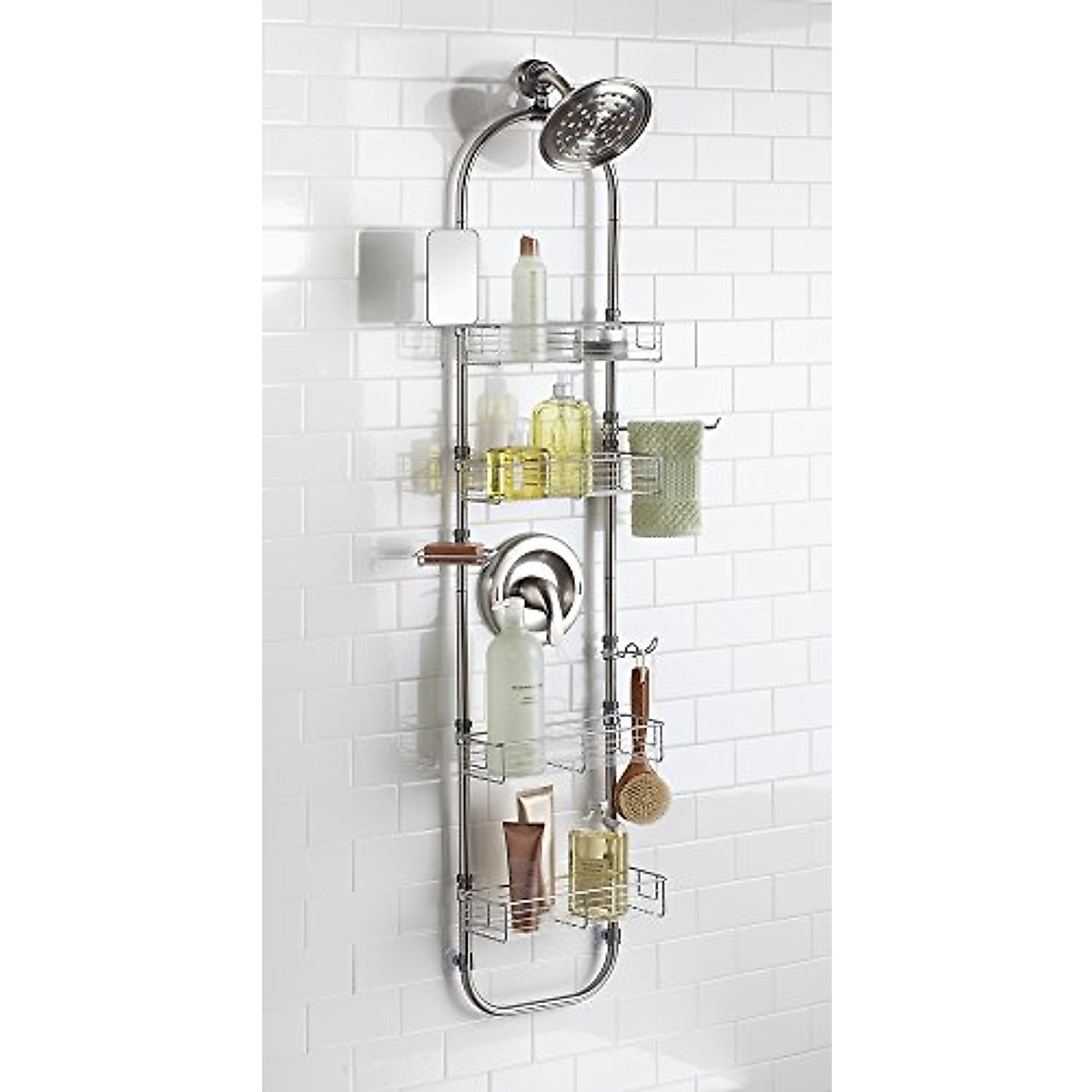 mDesign Metal Bathroom Shower Caddy Station for Shampoo, Conditioner, Hand Soap - Accessory Hook and Towel Bar - 4 Shelf Format, Brushed Stainless Steel