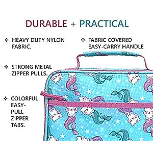 kinsho Bento Lunch Box and Matching Lunch Bag with Ice Pack Set for Girls, Toddlers (Pink Aqua Mermaid Cats)