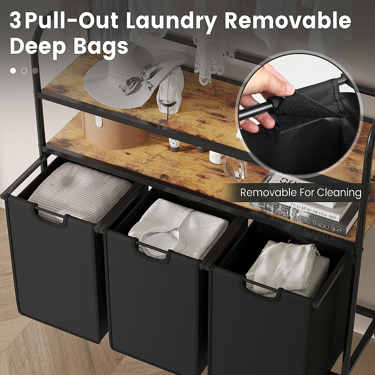 kepptory Laundry Basket 3 Section, 3 × 11.5 Gal (47L), Laundry Hamper Laundry Sorter 3 Section with Shelves and Clothes Hanging Bar, Rolling 3 Compartment Laundry Hamper for Laundry Bathroom Bedroom