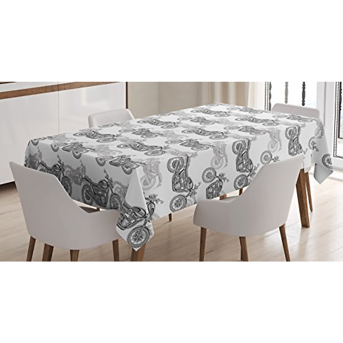 Ambesonne Motorcycle Tablecloth, Realistic Grayscale Illustration of Classic Motorcycles with Many Details, Dining Room Kitchen Rectangular Table Cover, 60" X 84", Black White