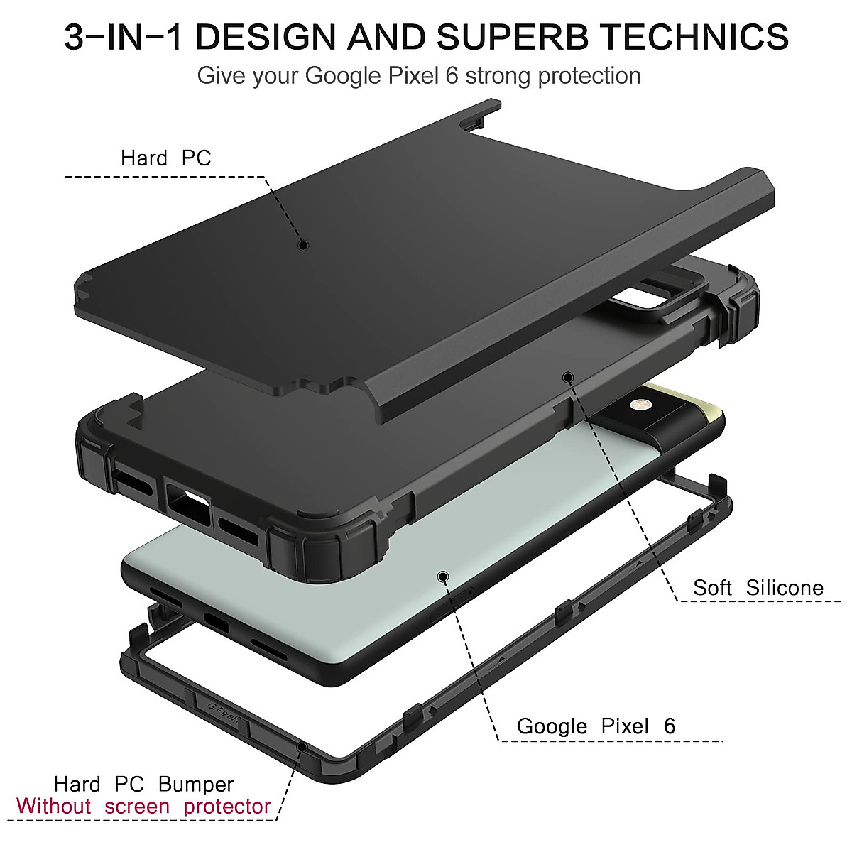 BENTOBEN Pixel 6 Case, Google Pixel 6 Case, 3 in 1 Heavy Duty Rugged Hybrid Shockproof Hard PC Cover Soft Silicone Bumper Impact Resistant Protective Phone Cases for Google Pixel 6 6.4 Inch, Black