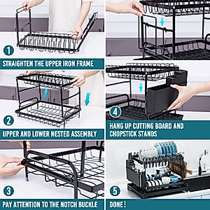 TAILI Dish Drying Rack for Kitchen Counter with Drainboard, Large 2 Tier Dish Rack and Drainboard Set with Cutlery Holder, Cup Holder & Utensil Holder, Rustproof Sink Dish Drying Rack