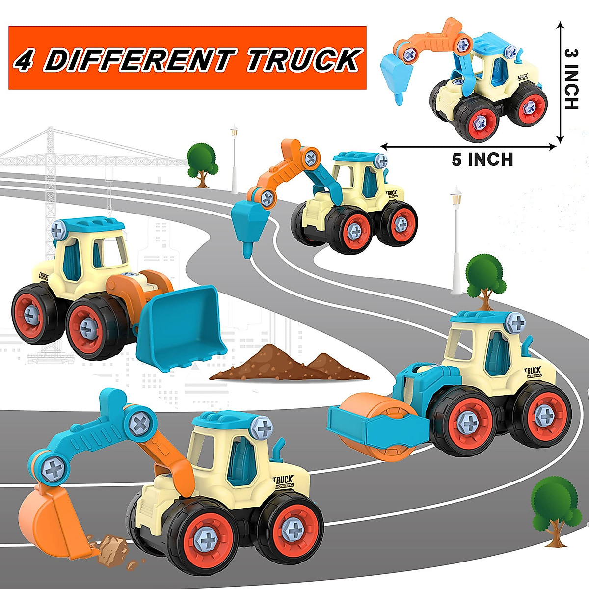 Sand Toys for Kids Toddlers: Take Apart Construction Toys Truck Set Includes Road Roller, Excavator, Bulldozer, Drilling Truck