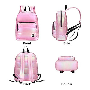GBLQ PLUS Iridescent Backpack 15 Inch, Super Lightweight Ultra Soft Nylon Shiny Fabric Quilted Casual Daypack Pink
