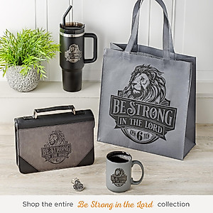 Christian Art Gifts Extra Large Stainless Steel Double Wall Vacuum Insulated Travel Tumbler for Men & Women: Be Strong Scripture, Silver Laser Engraved Lion, Lid, Straw, Wide Handle, Black, 40 oz.