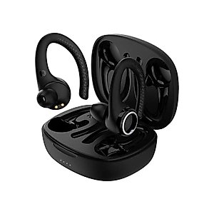 iJoy Wireless Running Headphones with Charging Case + Removable Earhook- Wireless Bluetooth Earbuds for Workouts- Bluetooth Wireless Earbuds with Charging Case- Sports Bluetooth Headphones (Black)