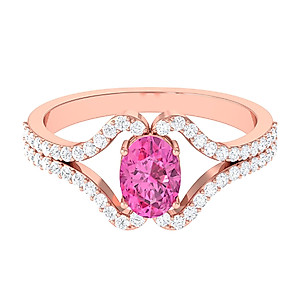 5X7 MM Oval Pink Sapphire Split Shank Ring with Diamond, Pink Sapphire Solitaire Ring for Women - September Birthstone, 14K Rose Gold, Size:US 8.00