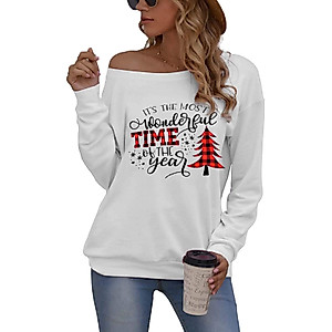 SENFURE Merry Christmas Sweatshirts for Women Christmas Tree Print Long Sleeve Sweatshirt Off the Shoulder Pullover T-Shirt Top