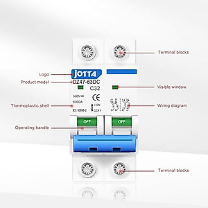JOTTA DC 500V Miniature Circuit Breaker Mini MCB Fuse PV System Solar Engery DZ47 32A (2 Pack)