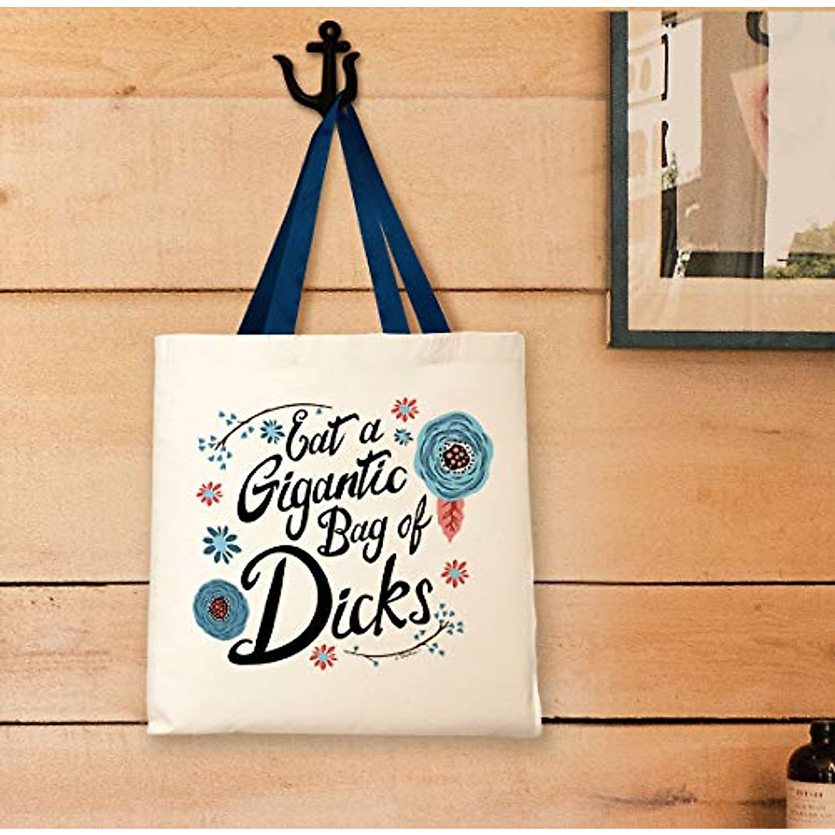 Expletive Swear Word Gifts Eat A Gigantic Bag of Dicks Coworker Gifts Navy Handle Canvas Tote Bag