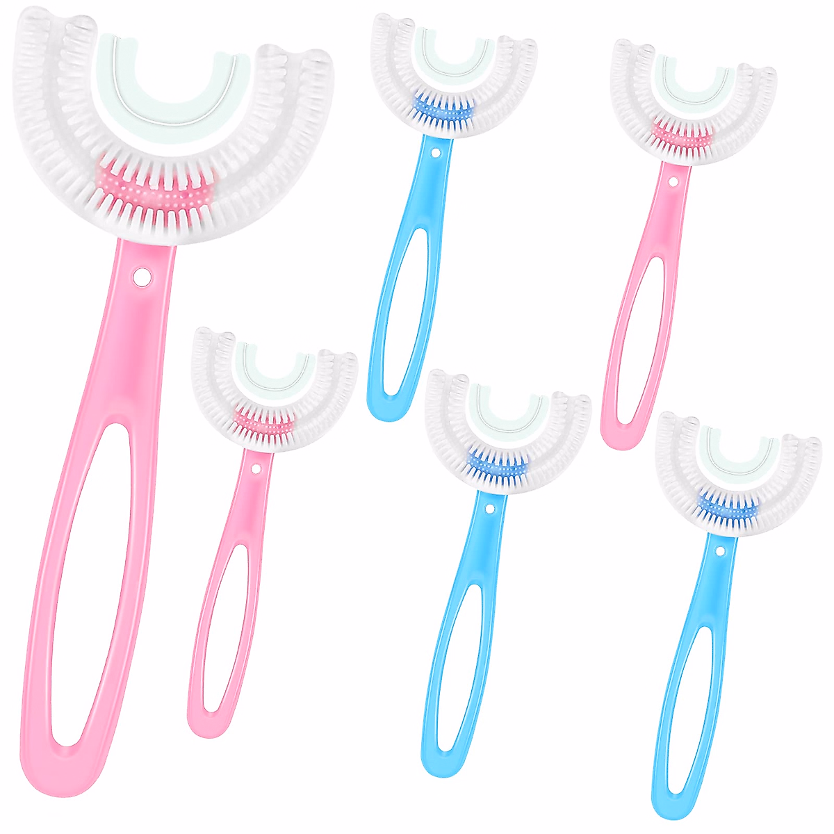 Nuenen 6 Pack Kids U Shaped Toothbrush with Silicone Brush Manual Training Tooth Brush U-Type Toothbrush Whole Mouth Toothbrush with Handle for Kids 2-8 Years Old (Long Handle, Blue Pink)