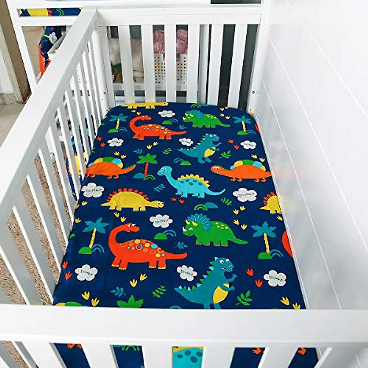 UOMNY Crib Sheets for Boys Fitted Crib Sheet Baby Sheet for Standard Crib and Toddler Mattresses Nursery Bedding Sheet Crib Mattress Sheets for Boys and Girls1 Pack Dinosaur Toddler Sheet