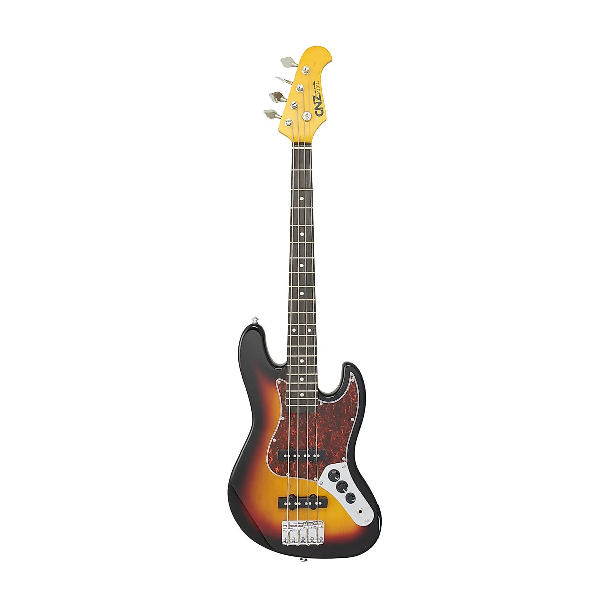 CNZ Audio JB Mini Electric Bass Guitar - Sunburst Body, Maple Neck, Rosewood Fingerboard & 3-Ply Tortoise Pickguard, 28.6" Short Scale Premium Pickups, Vintage Steel Bridge & Tuners - Pure Awesomeness