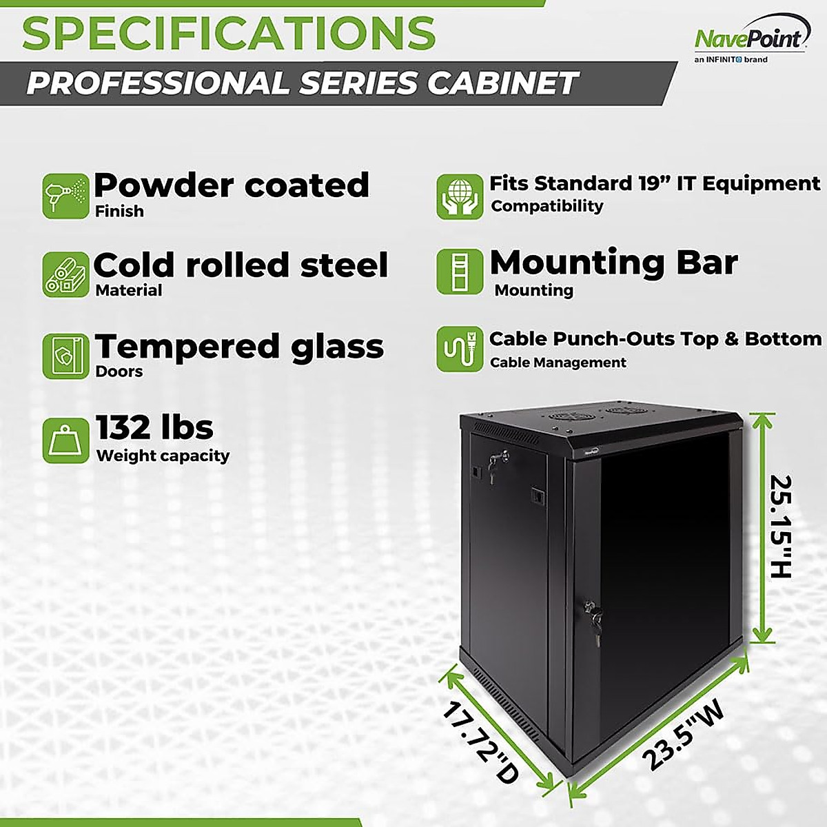 NavePoint 12U Server Rack Enclosure - 17.7” Deep, 12U Wall Mount Network Cabinet with Locking Glass Door for 19” IT Equipment, 12U Network Rack with 2 Fans, Removable Side Panels, Black